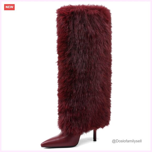 Shoes | Knee High Faux Fur Fold Over Boots With Pointed Toe Heels ...